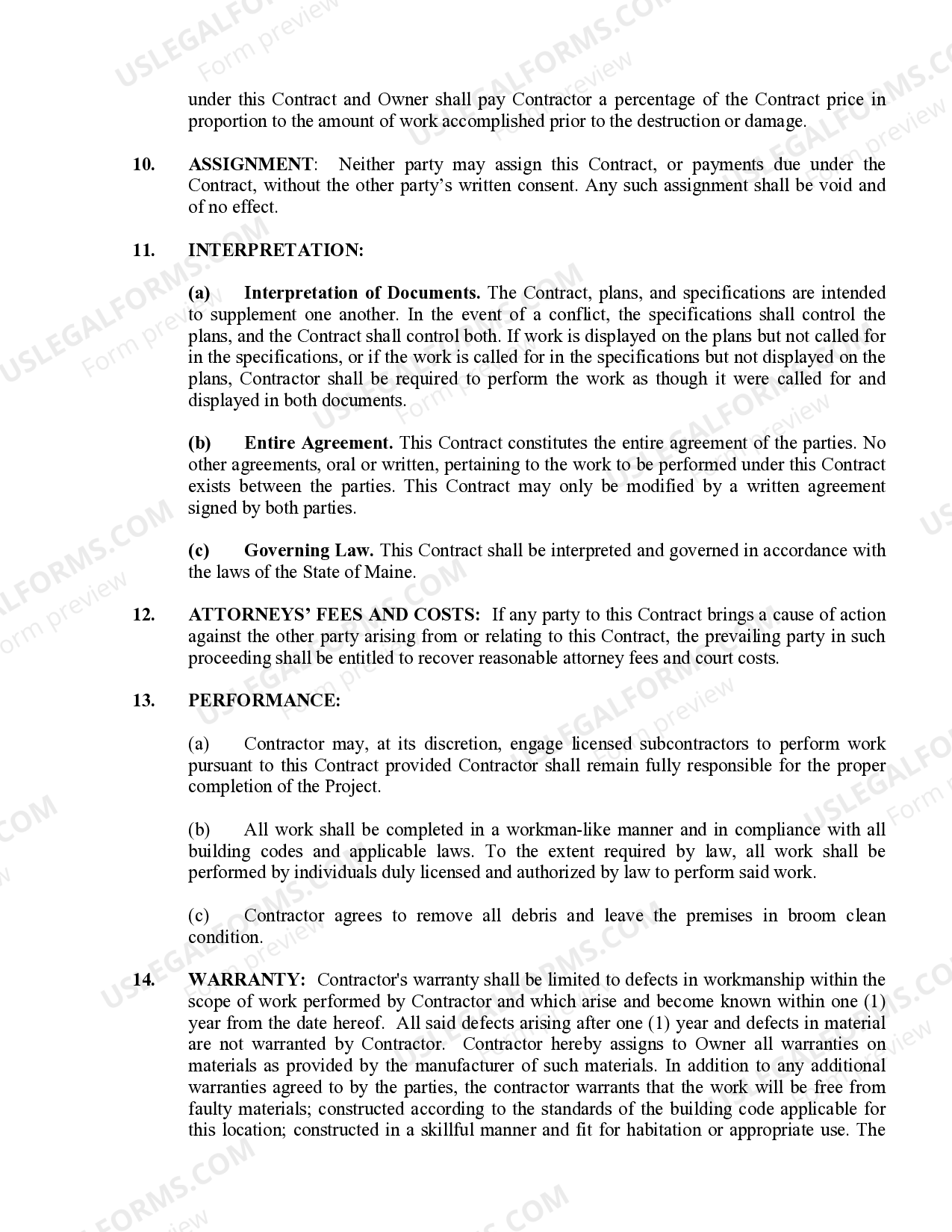 Maine Trim Carpenter Contract for Contractor | US Legal Forms