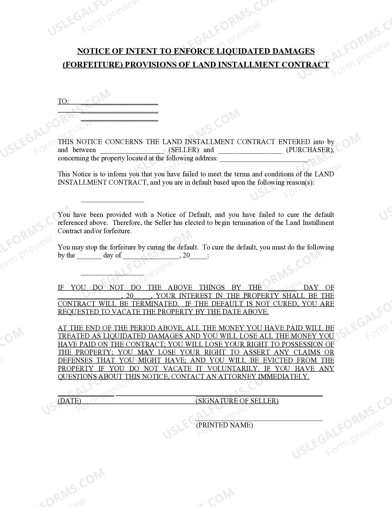 Maine Notice of Intent to Enforce Forfeiture Provisions of Contact for ...