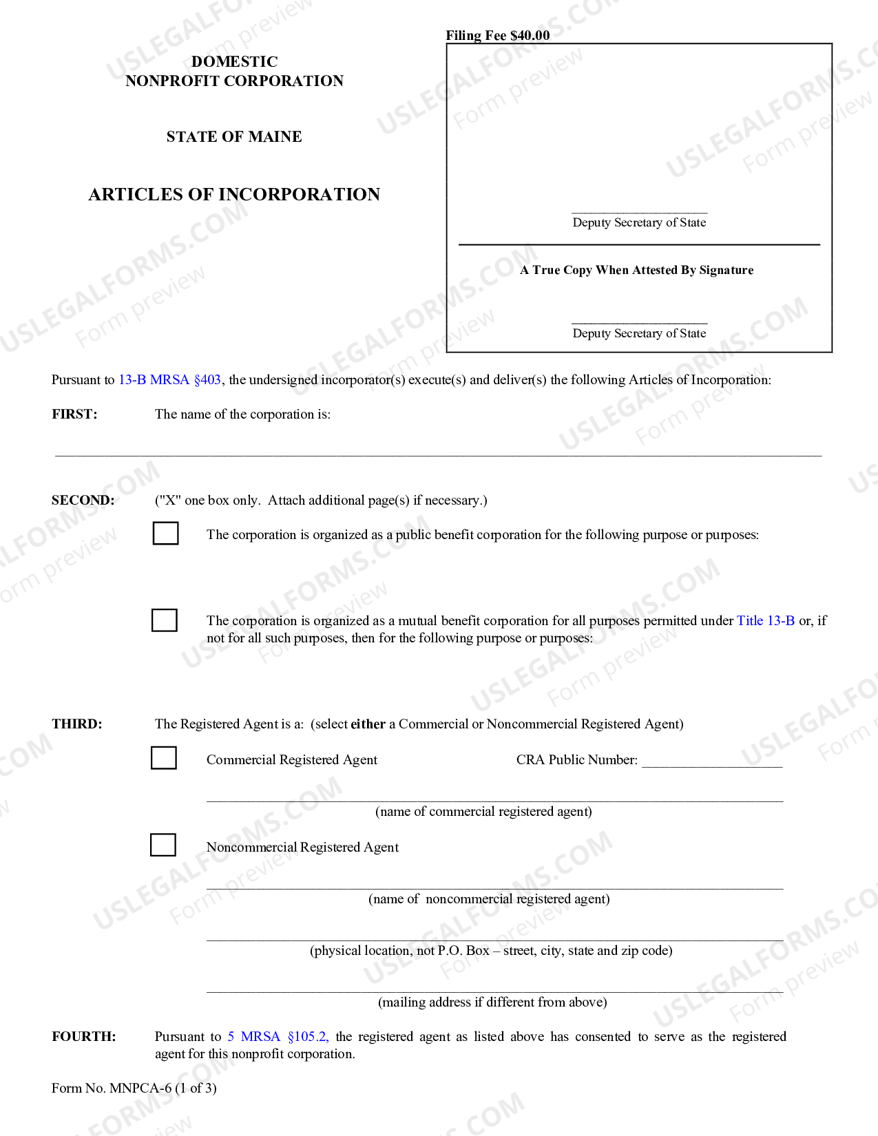 Maine Articles of Incorporation for Domestic Nonprofit Corporation | US ...