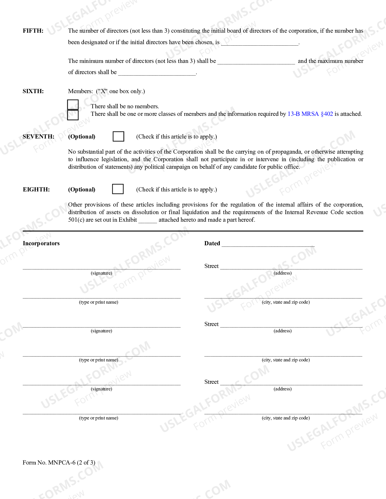Maine Articles of Incorporation for Domestic Nonprofit Corporation | US ...