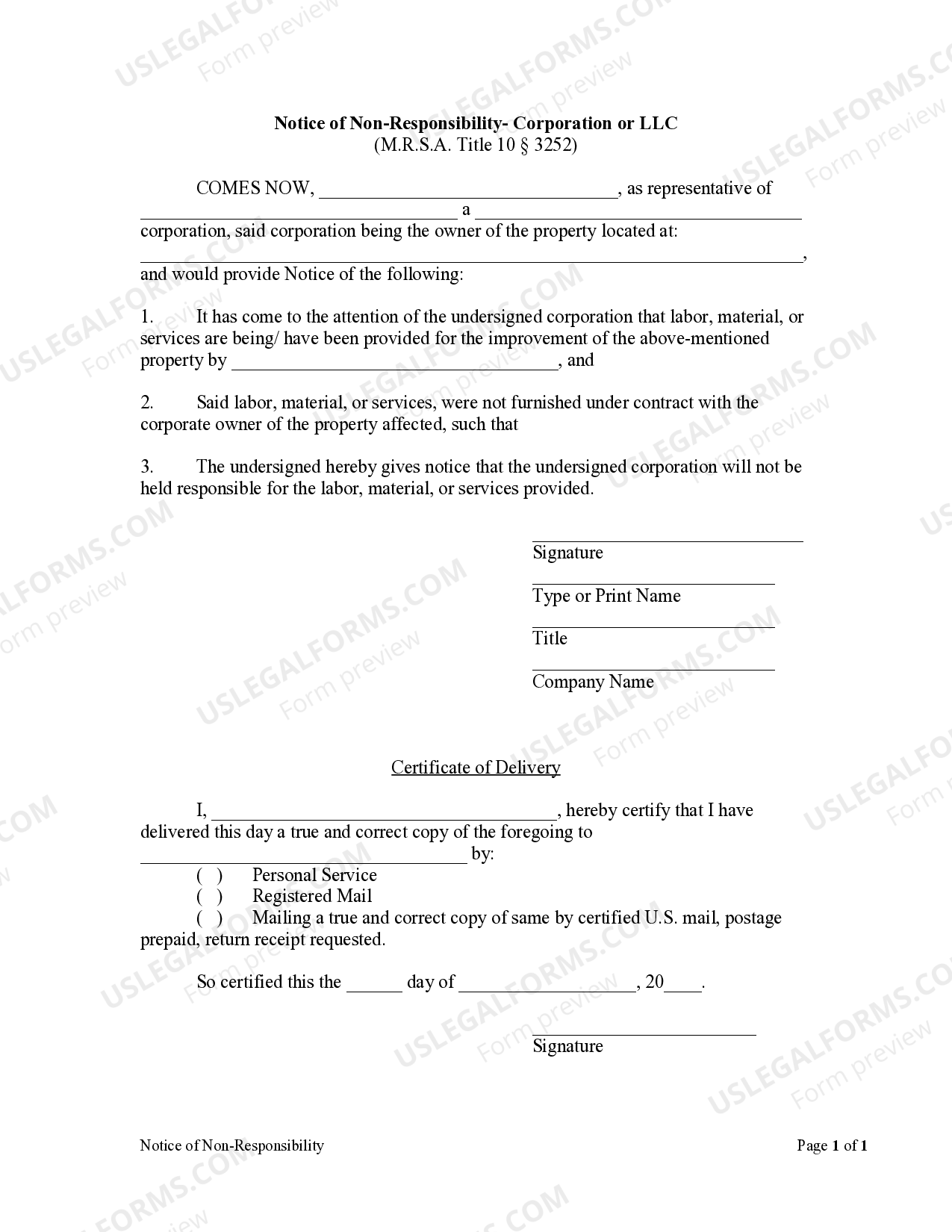 Maine Notice of Nonresponsibility - Corporation or LLC - Non ...