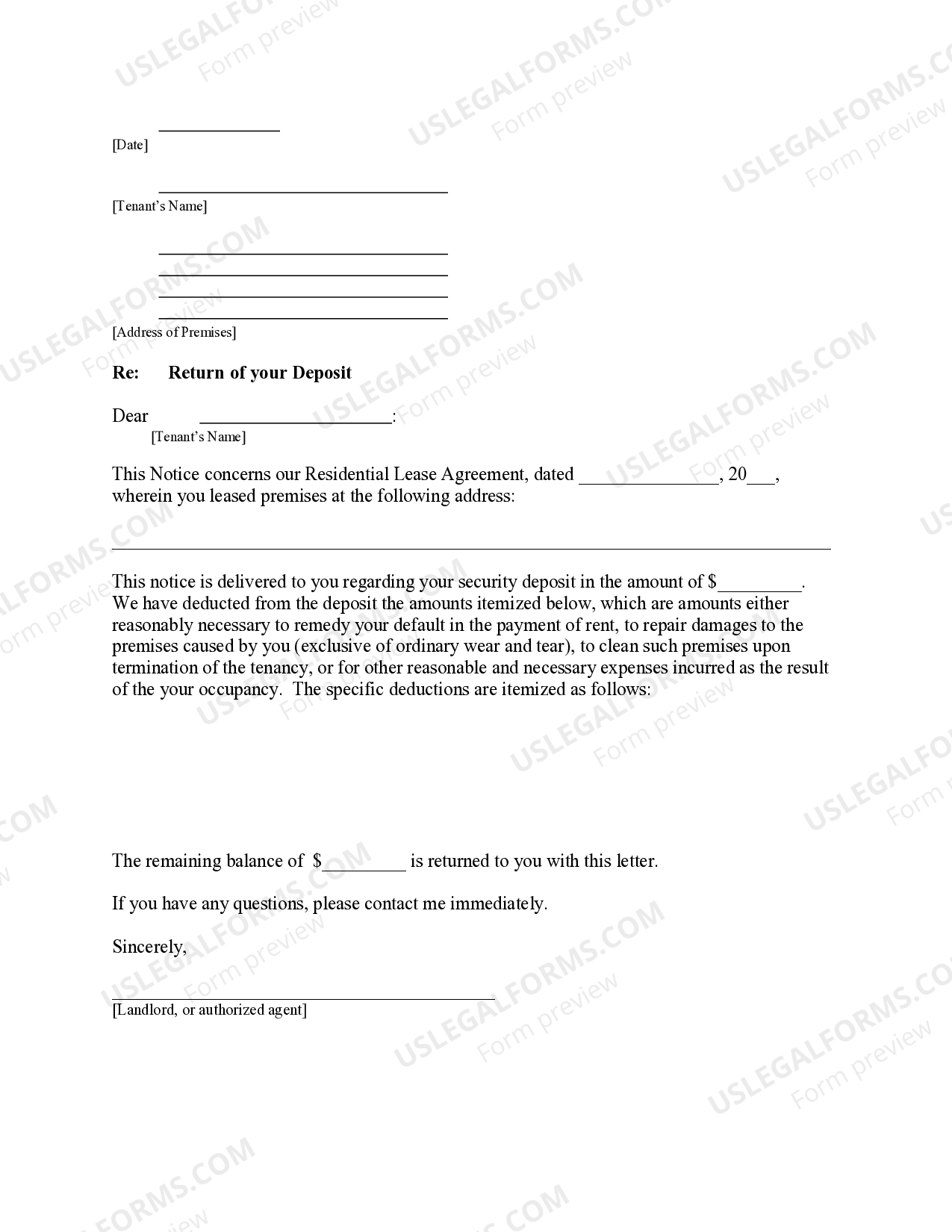 Maine Letter from Landlord to Tenant Returning security deposit less ...