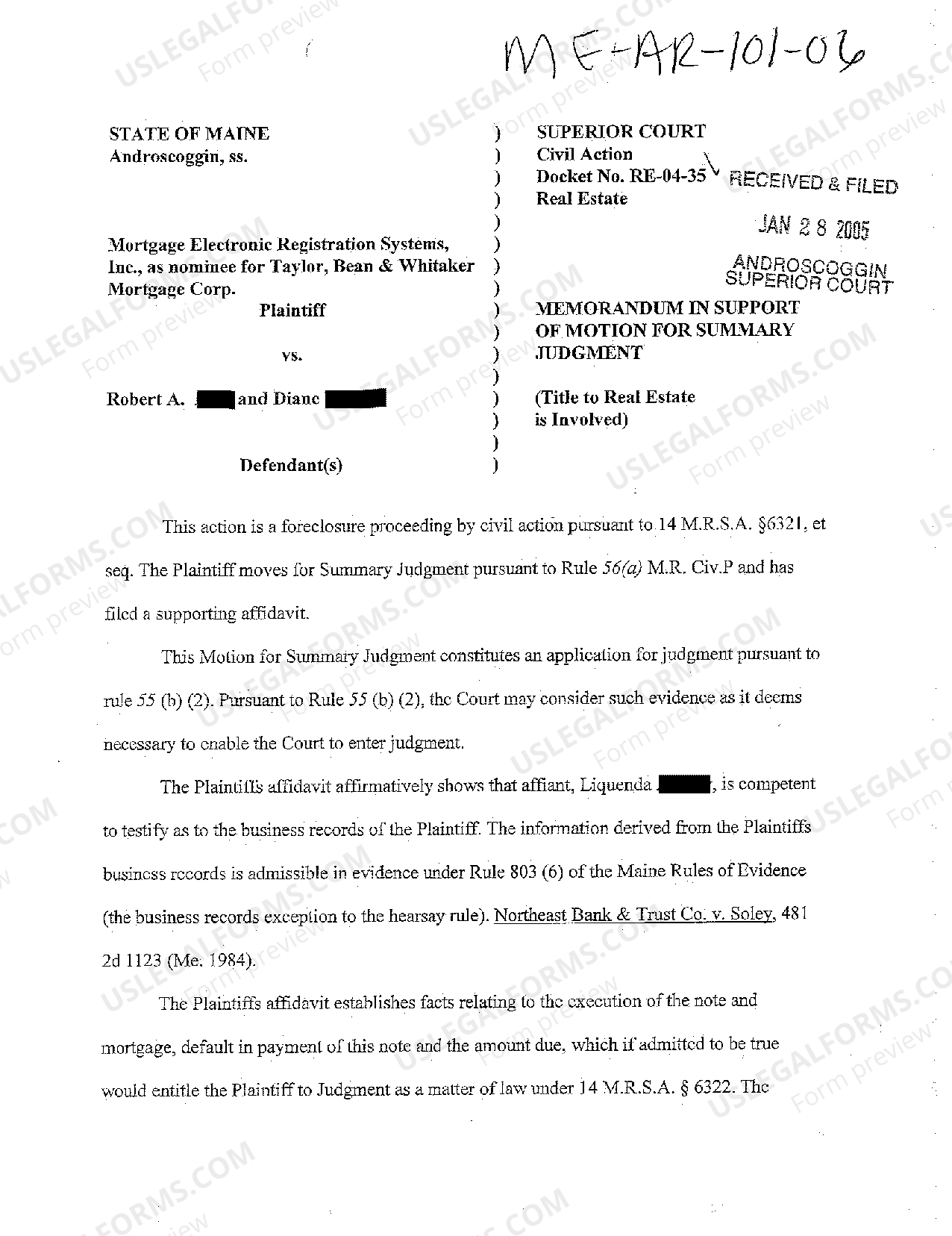 Maine Memorandum In Support of Motion For Summary Judgment | US Legal Forms