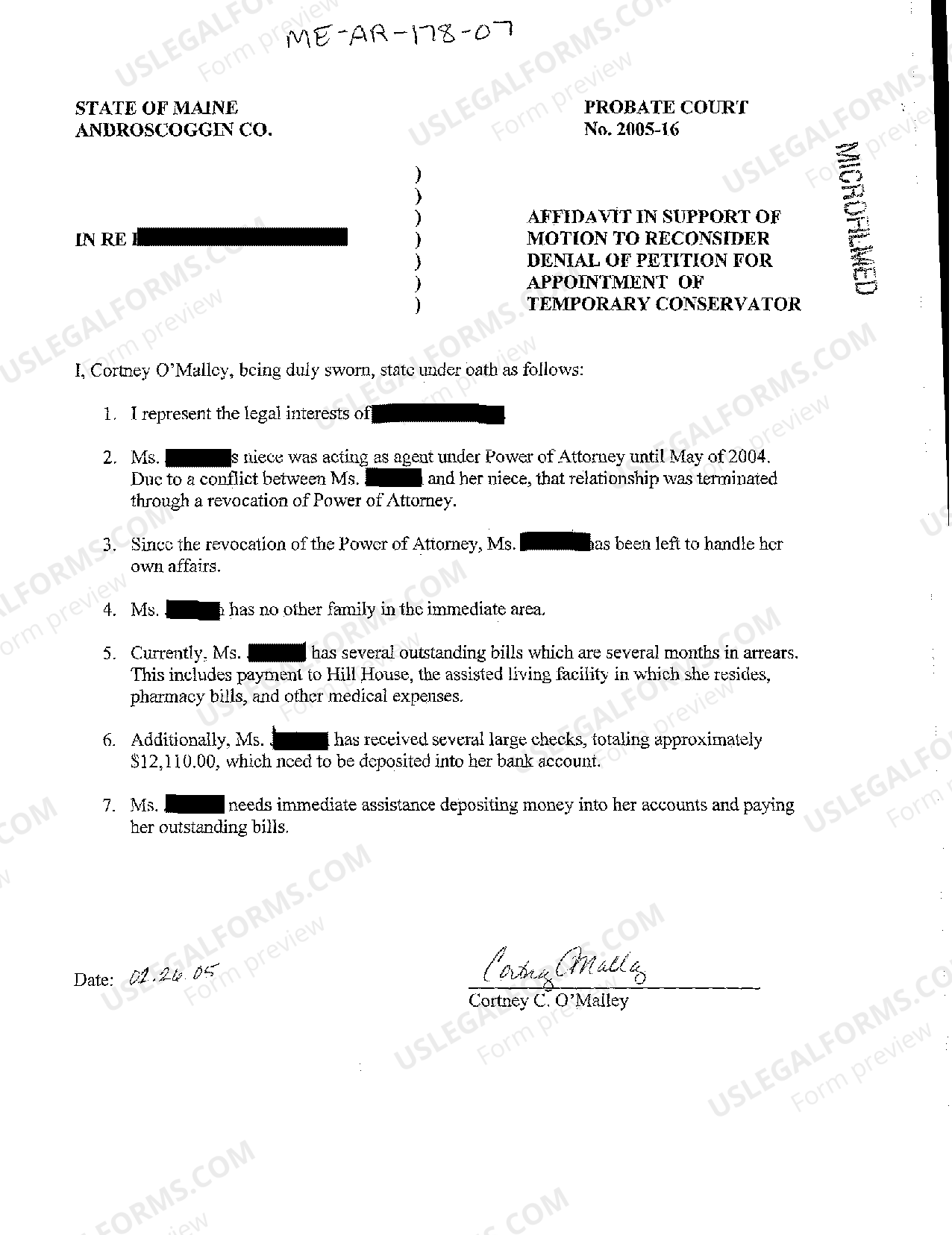 Maine Affidavit in Support of Motion to Reconsider Denial of Petition for Appointment of ...