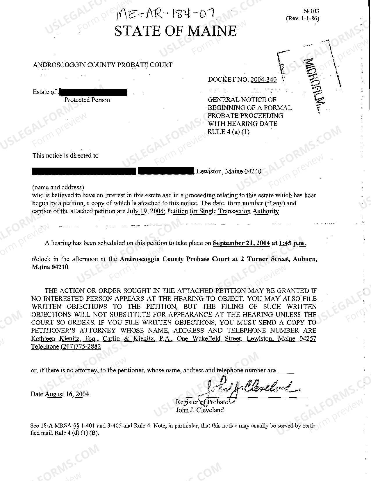 Maine General Notice Of Beginning of a Formal Probate Proceeding with ...