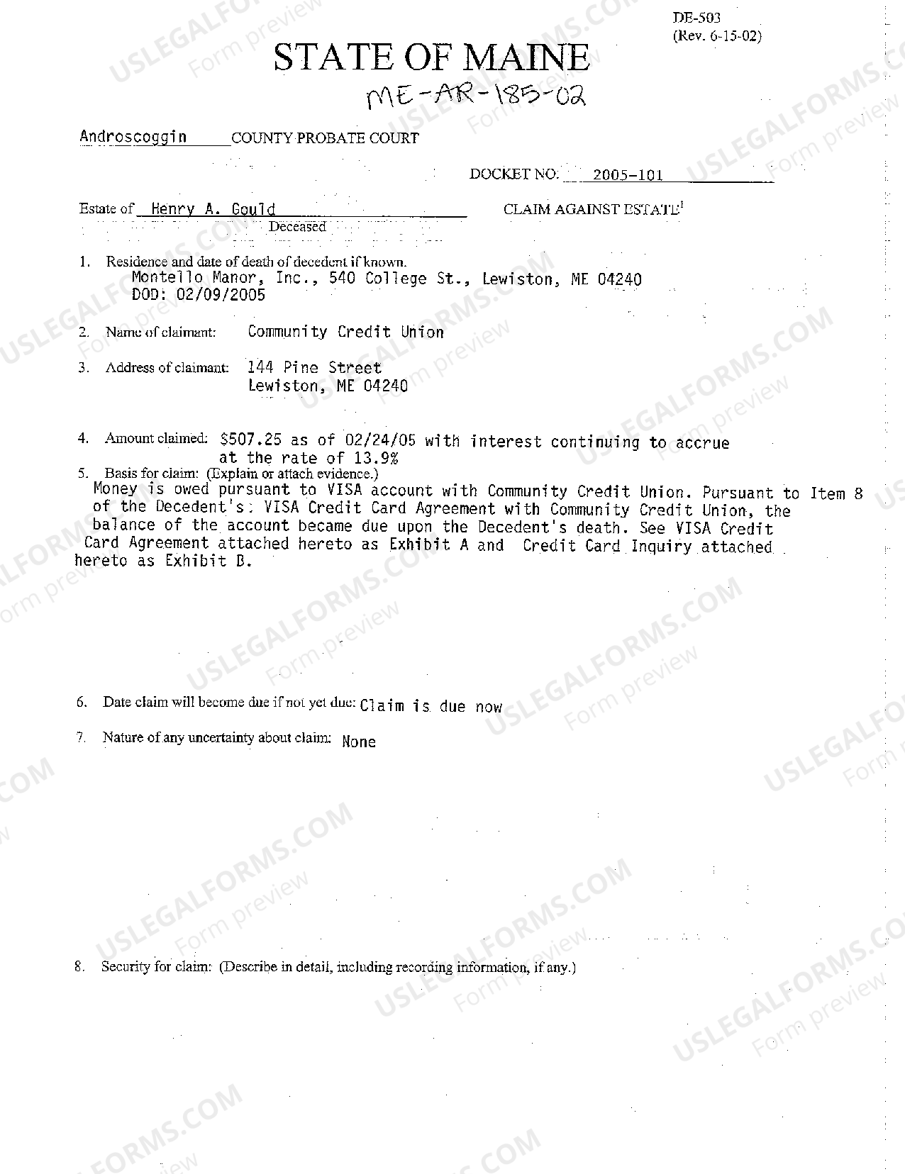 Maine Claim Against Decedent's Estate | US Legal Forms