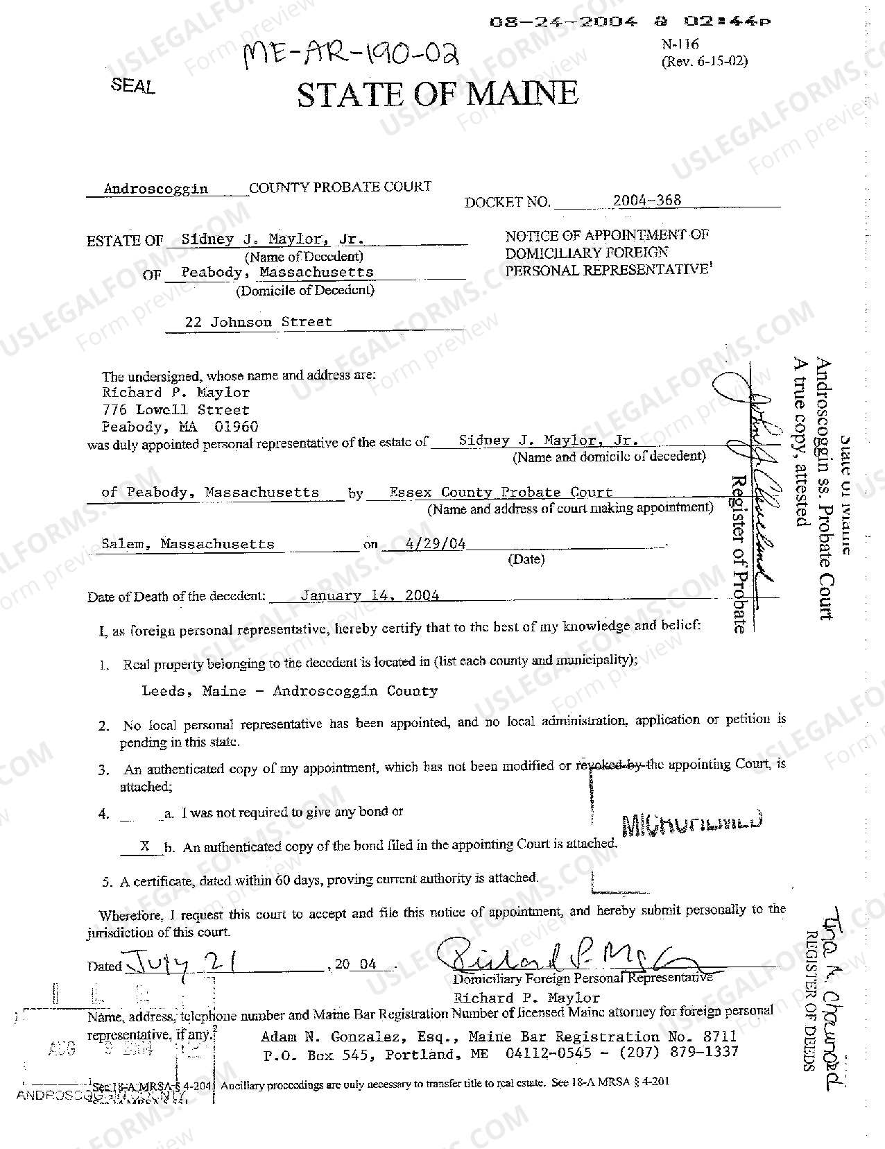 Maine Notice of Appointment of Domiciliary Foreign Personal ...