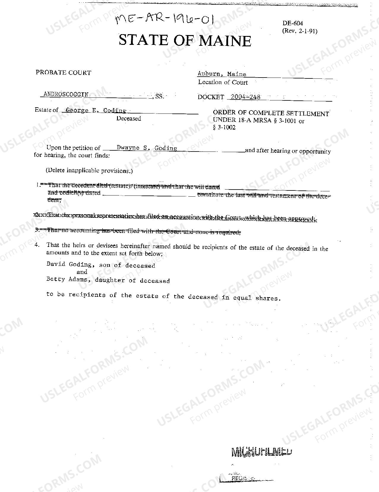 Maine Order of Complete Settlement Determining Heirs | US Legal Forms