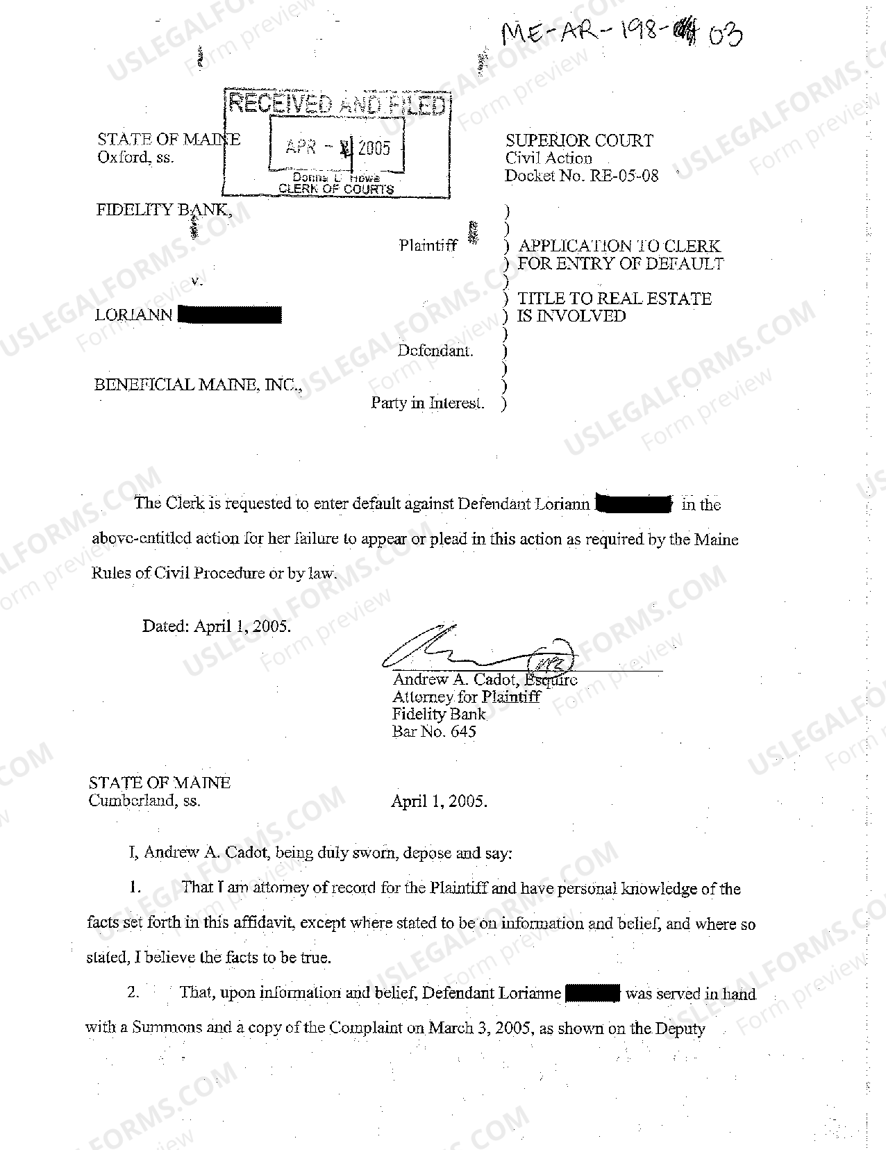 Maine Application for Entry of Default | US Legal Forms