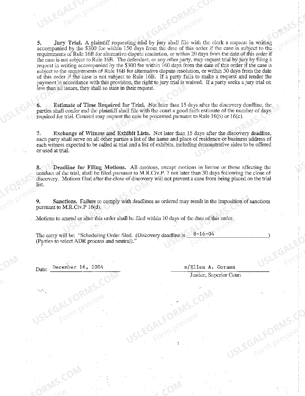 Maine Scheduling Order from the Superior Court | US Legal Forms