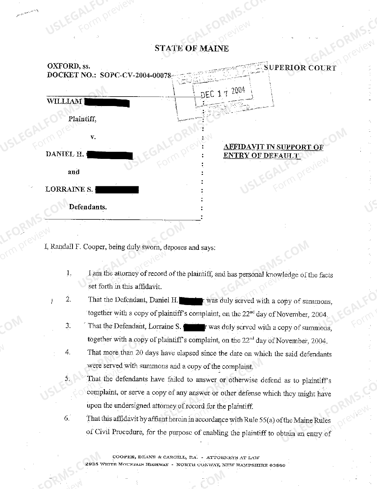 Maine Application to Clerk for Entry of Default Against Defendants | US ...