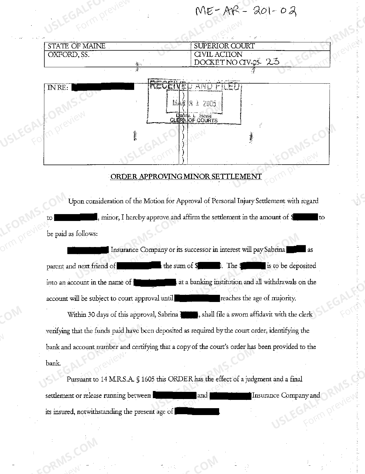 Maine Order Approving Minor Settlement | US Legal Forms