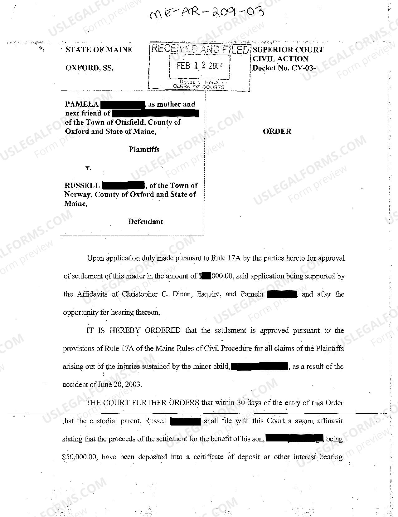 Maine Order Approving Settlement | US Legal Forms
