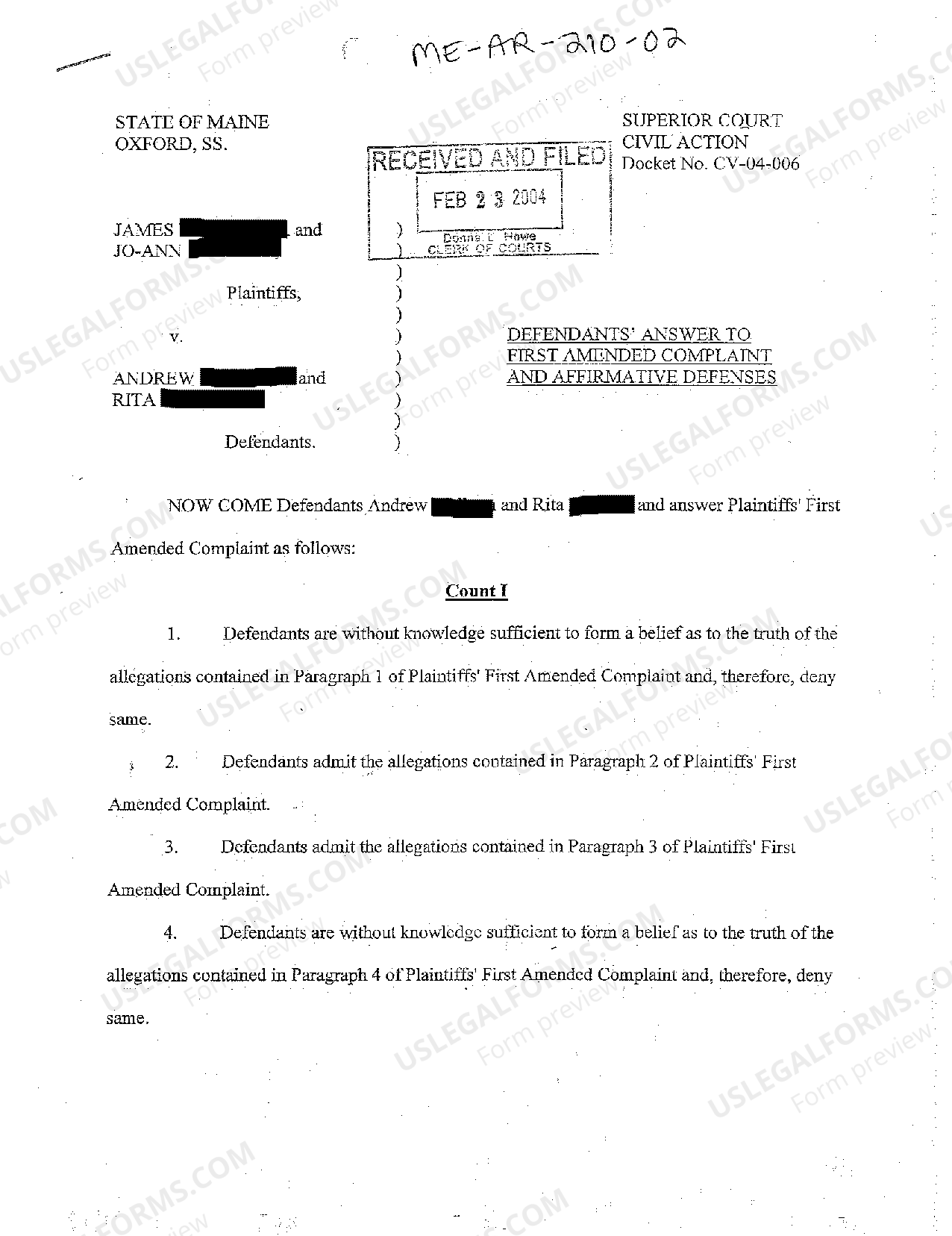 Maine Defendant's Answer to First Amended Complaint and Affirmative Defenses | US Legal Forms