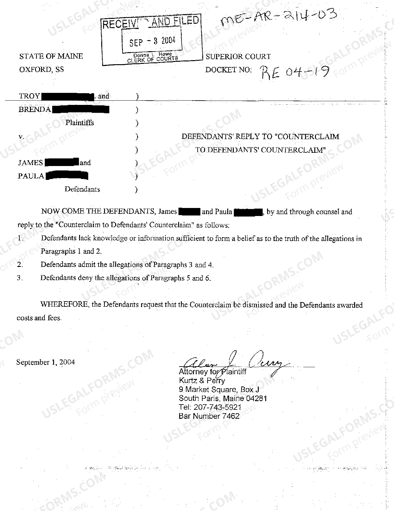 Maine Defendant's Reply to Counterclaim to Defendants' Counterclaim | US Legal Forms