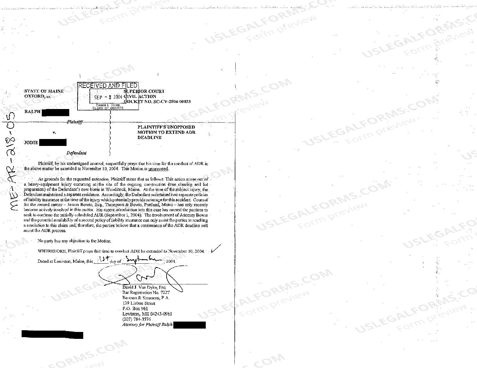 Maine Plaintiff's Unopposed Motion to Extend ADR Deadline | US Legal Forms