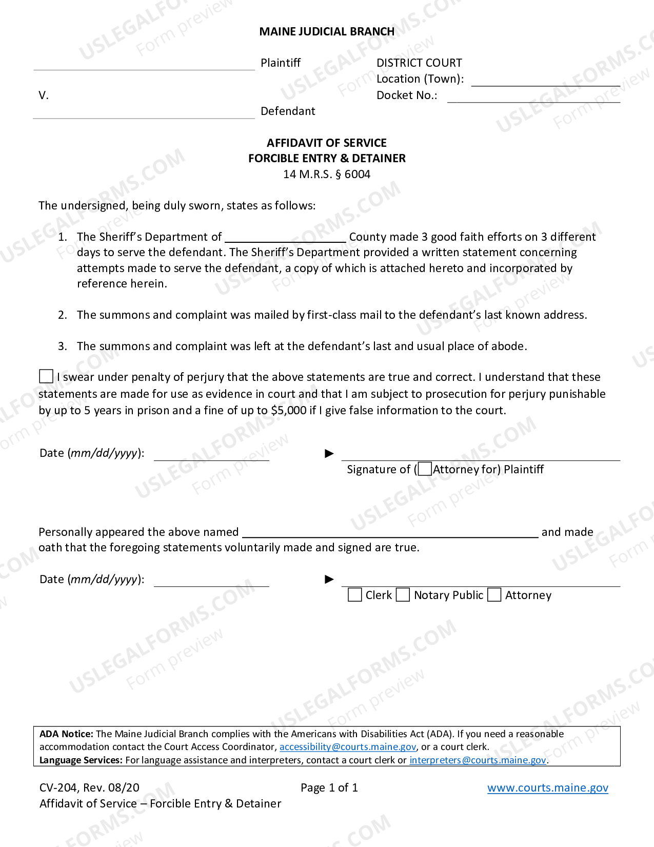 Maine Affidavit Of Service for Forcible Entry and Detainer | US Legal Forms