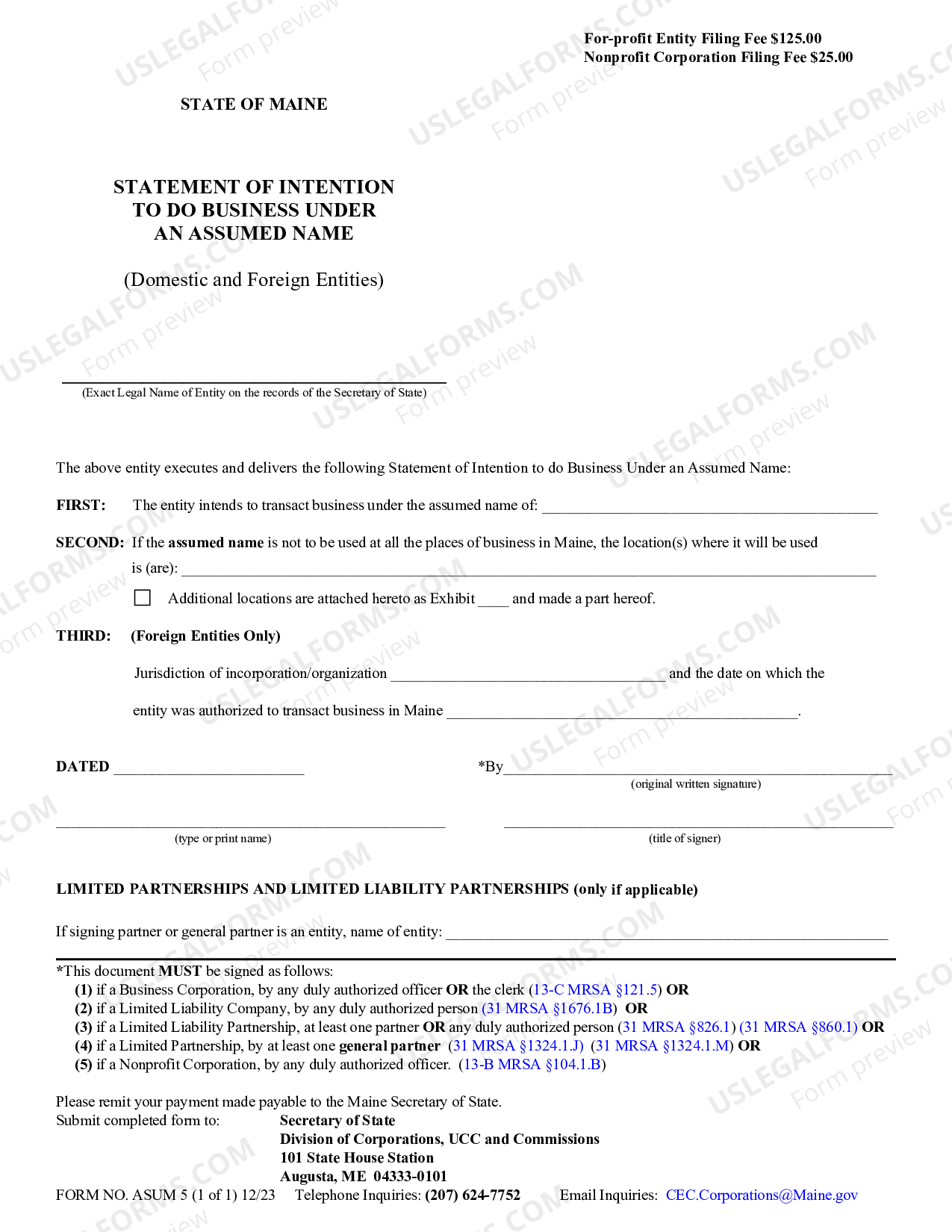 Maine Statement of Intention to Do Business Under an Assumed or ...