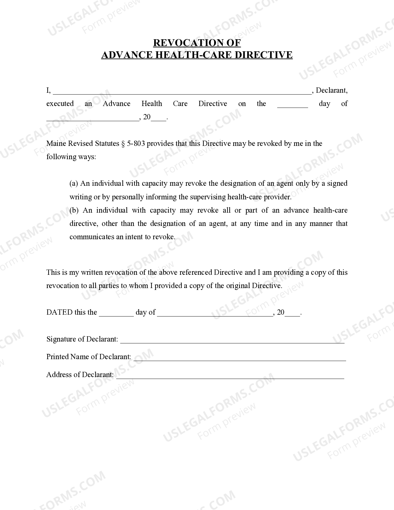 Maine Revocation of Advance Health Care Directive - Health Care ...