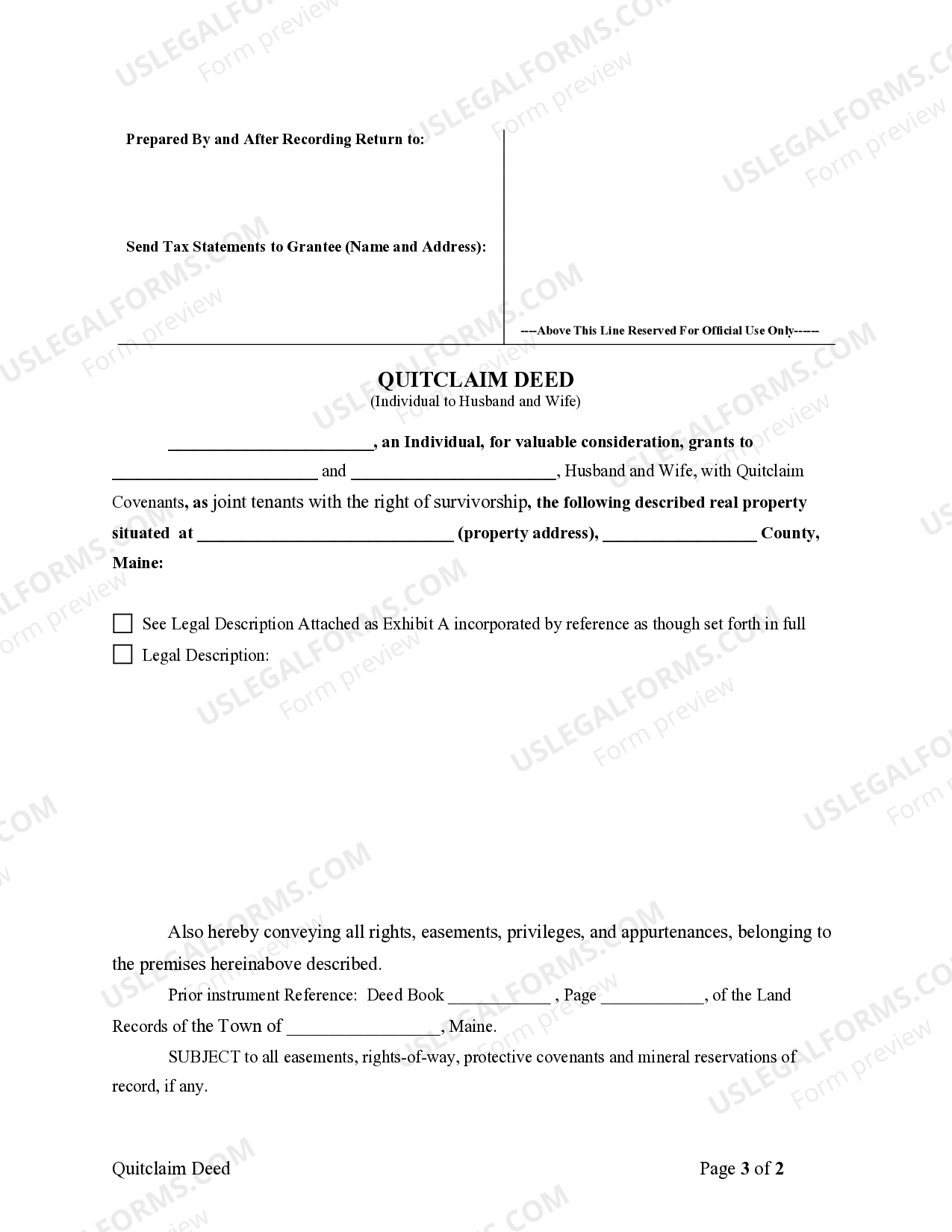 Maine Quitclaim Deed - Individual to Husband and Wife - Legal Maine ...