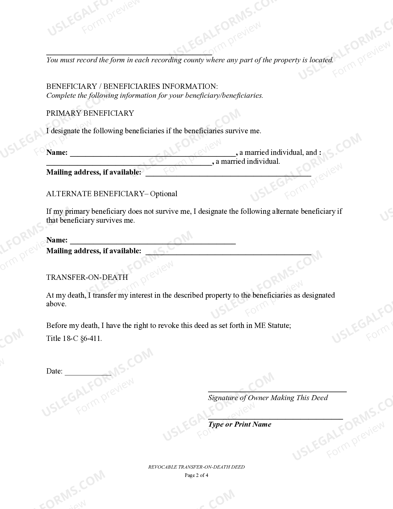 Maine Transfer on Death Deed or TOD - Beneficiary Deed for Individual ...