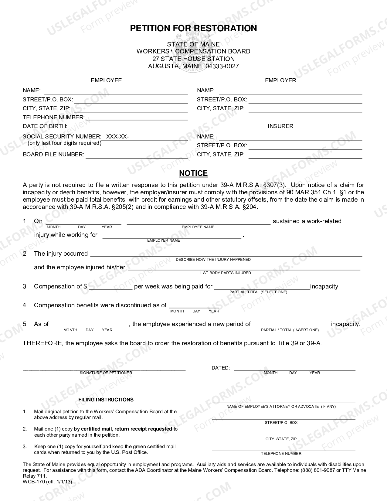 Maine Petition for Restoration for Workers' Compensation | US Legal Forms