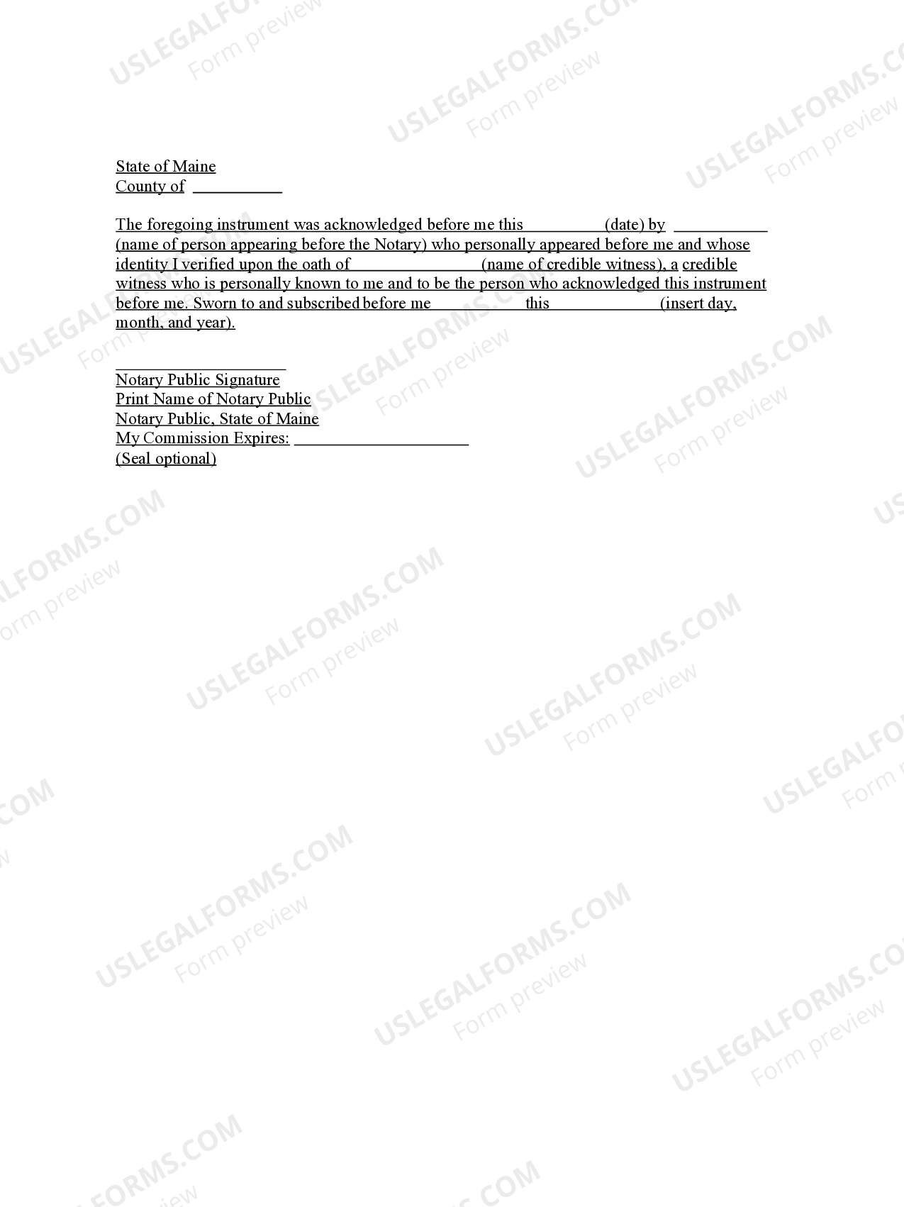 Maine Acknowledgment for Credible Witness Statement | US Legal Forms