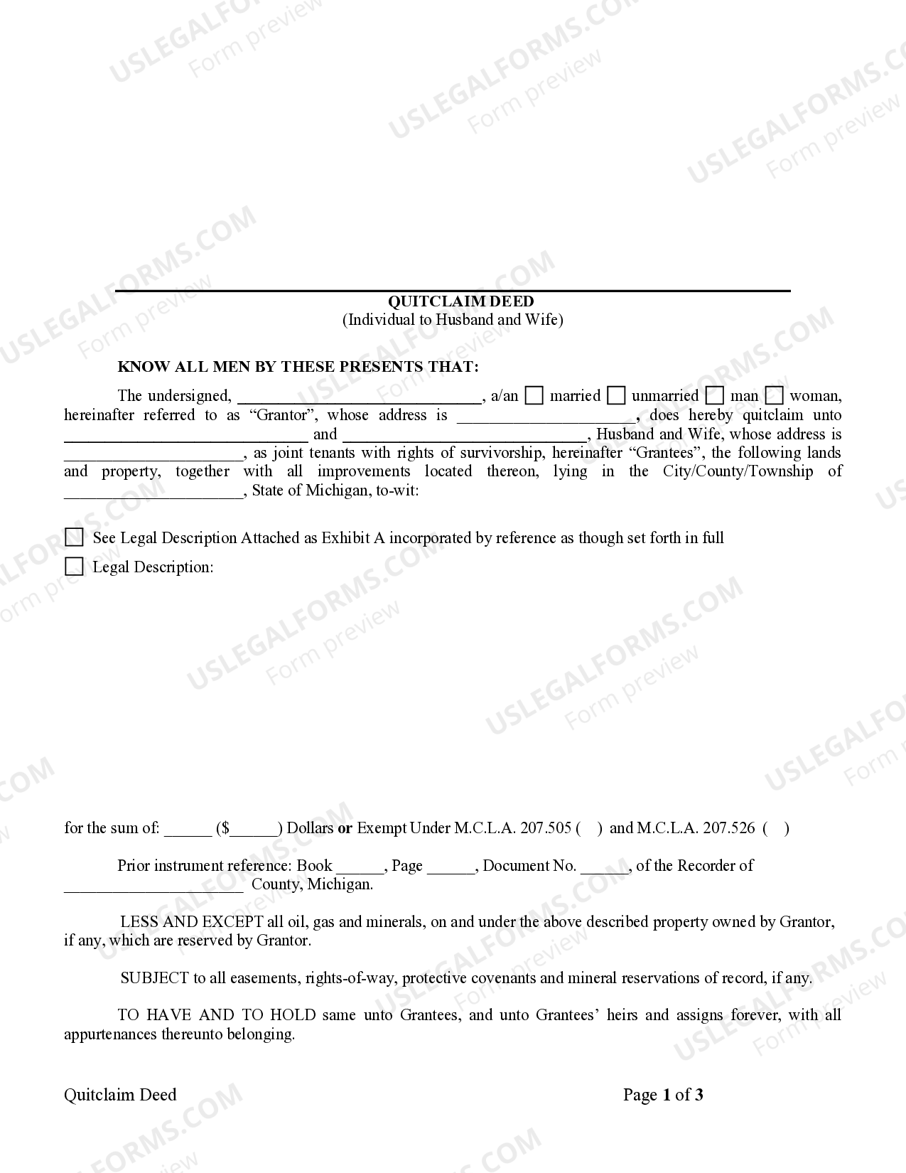 Michigan Quitclaim Deed from Individual to Husband and Wife | US Legal ...