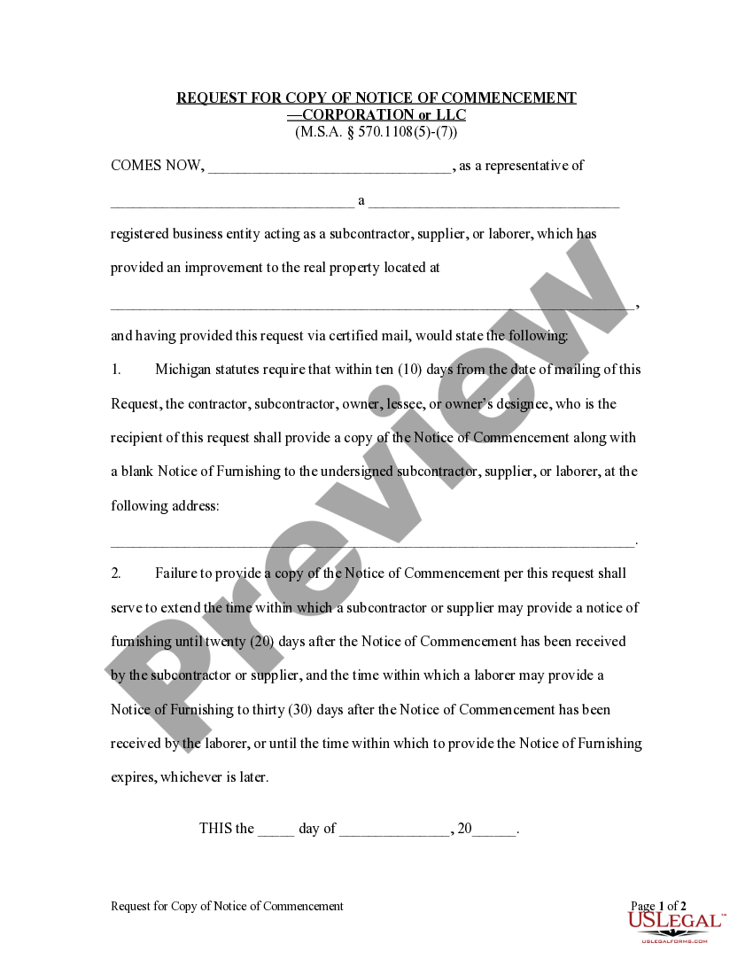 State Of Michigan Notice Of Commencement Form US Legal Forms