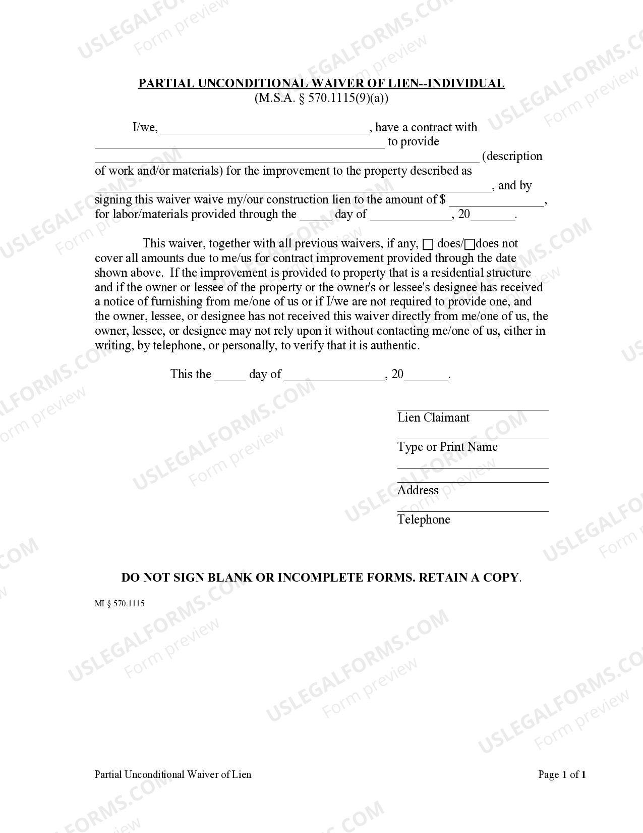Michigan Partial Unconditional Waiver of Lien - Individual - Partial ...