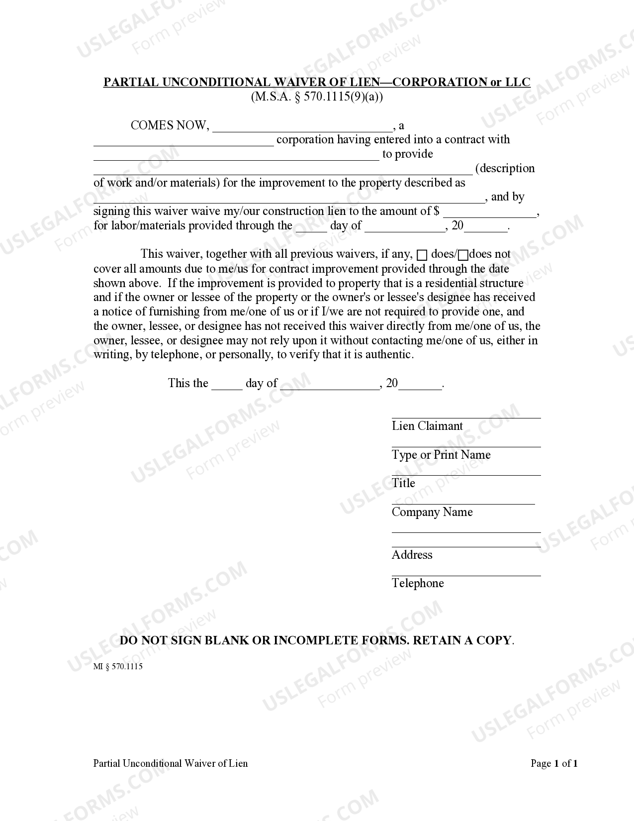 Michigan Partial Unconditional Waiver of Lien by Corporation or LLC - Michigan Partial Liability ...