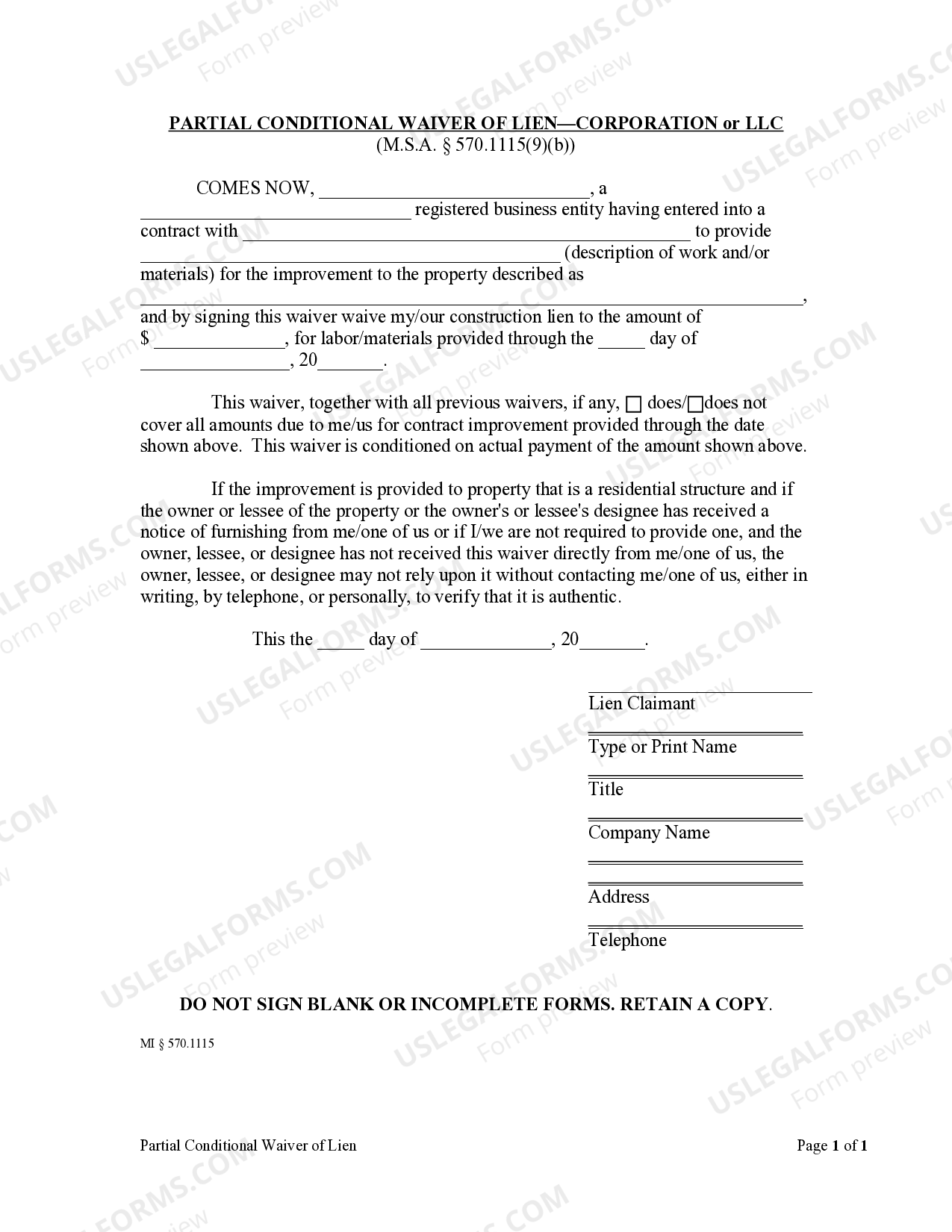 Michigan Partial Conditional Waiver of Lien - Partial Conditional ...