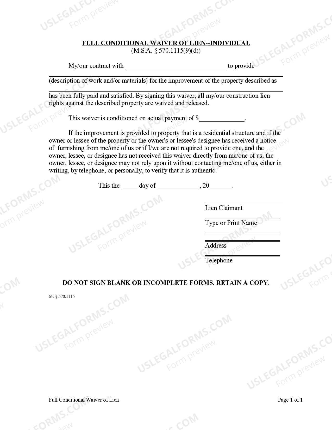 Lansing Michigan Full Conditional Waiver and Release of Lien by ...