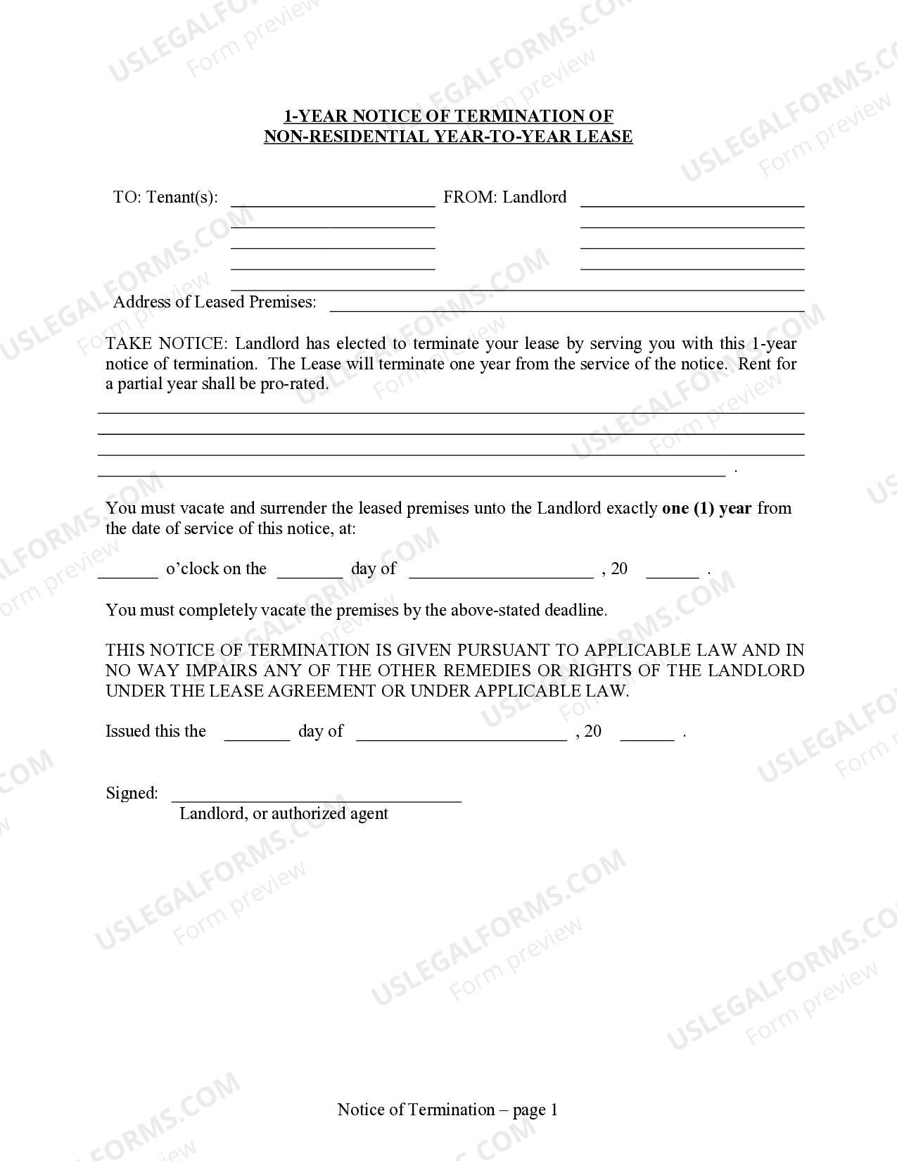 Michigan 1 Year Notice of Termination of Year to Year Lease for ...