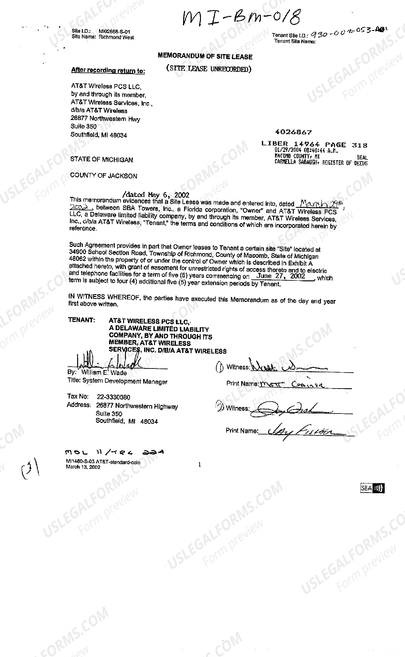 Michigan Memorandum of Site Lease | US Legal Forms