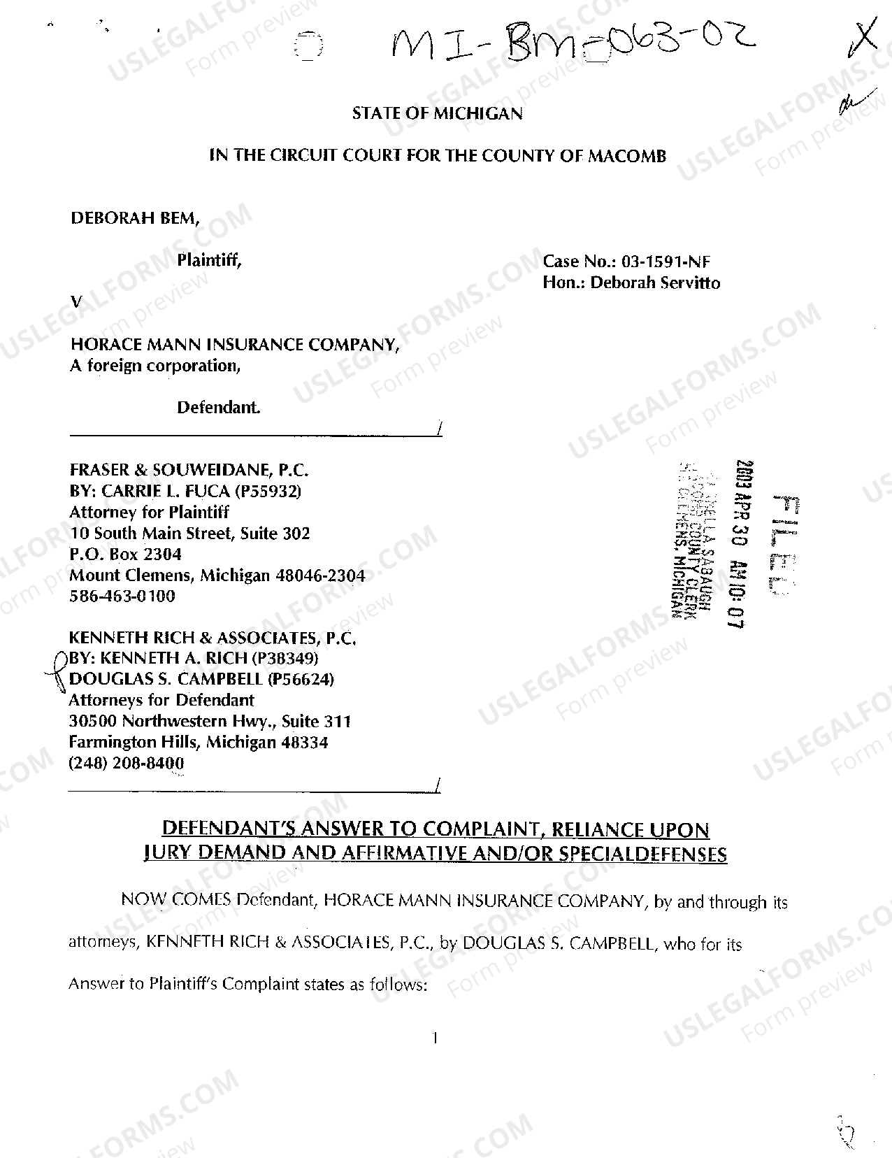 Michigan Defendant's Answer to Complaint, Reliance Upon Jury Demand And ...