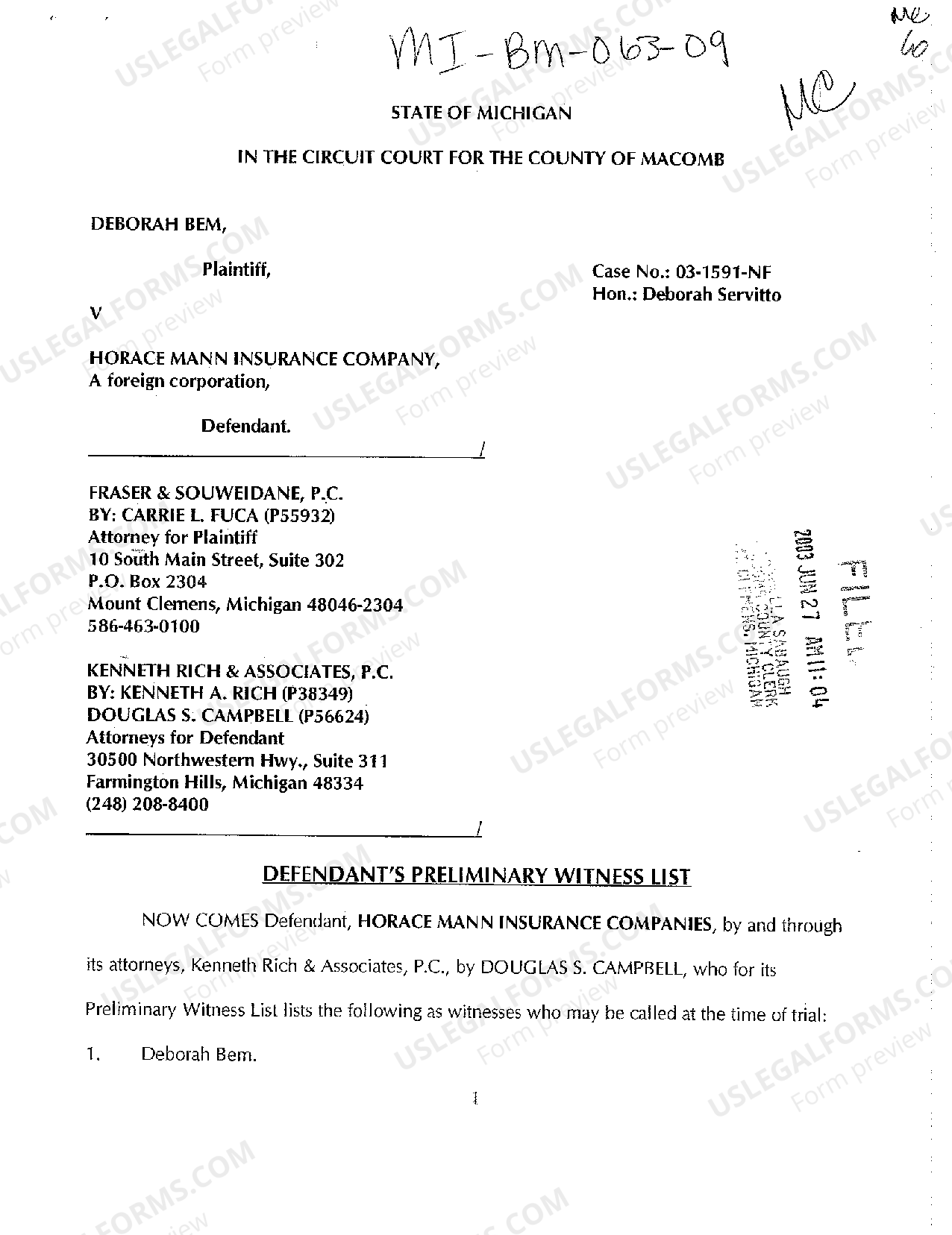 Michigan Defendant's Preliminary Witness List | US Legal Forms