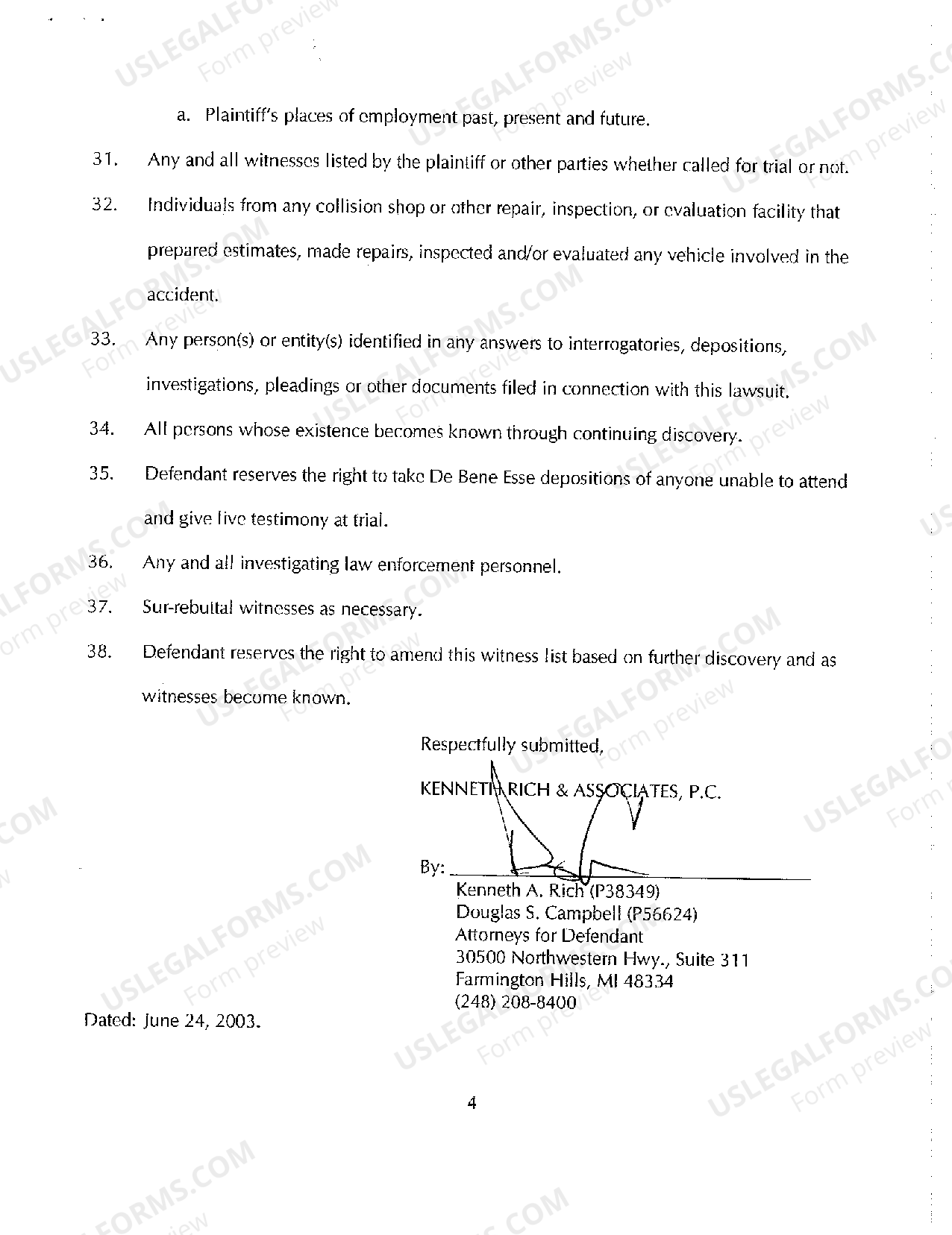 Michigan Defendant's Preliminary Witness List | US Legal Forms