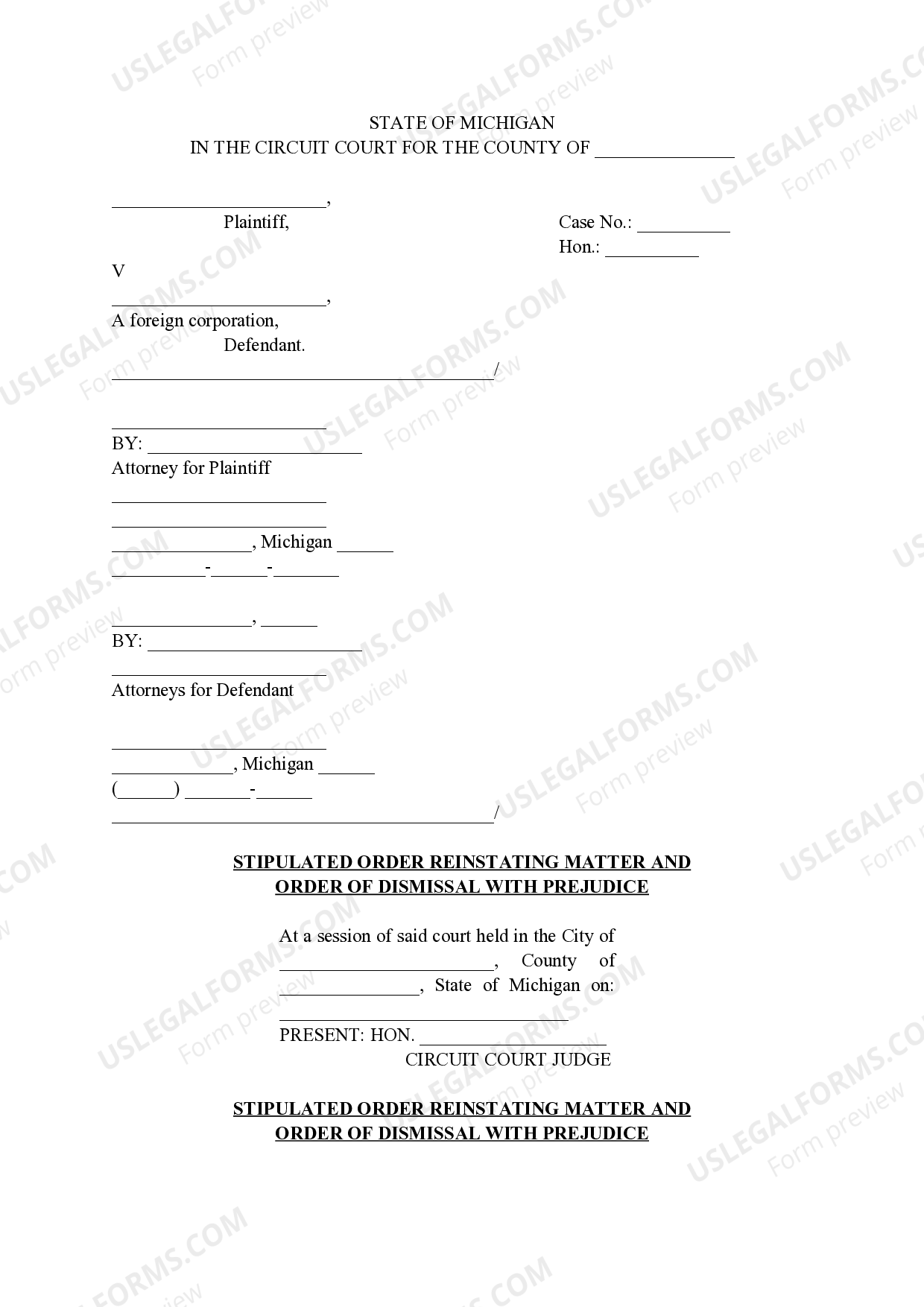 Michigan Stipulated Order Reinstating Matter And Order of Dismissal ...
