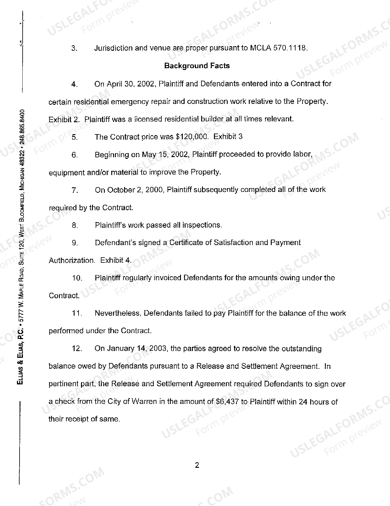 Michigan Complaint for Breach of Contract and Lien Foreclosure ...