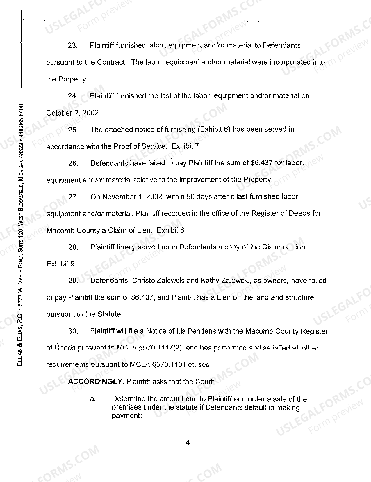 Michigan Complaint for Breach of Contract and Lien Foreclosure ...