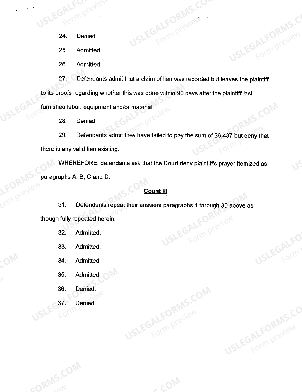 Michigan Defendants' Answer With Affirmative Defenses | US Legal Forms