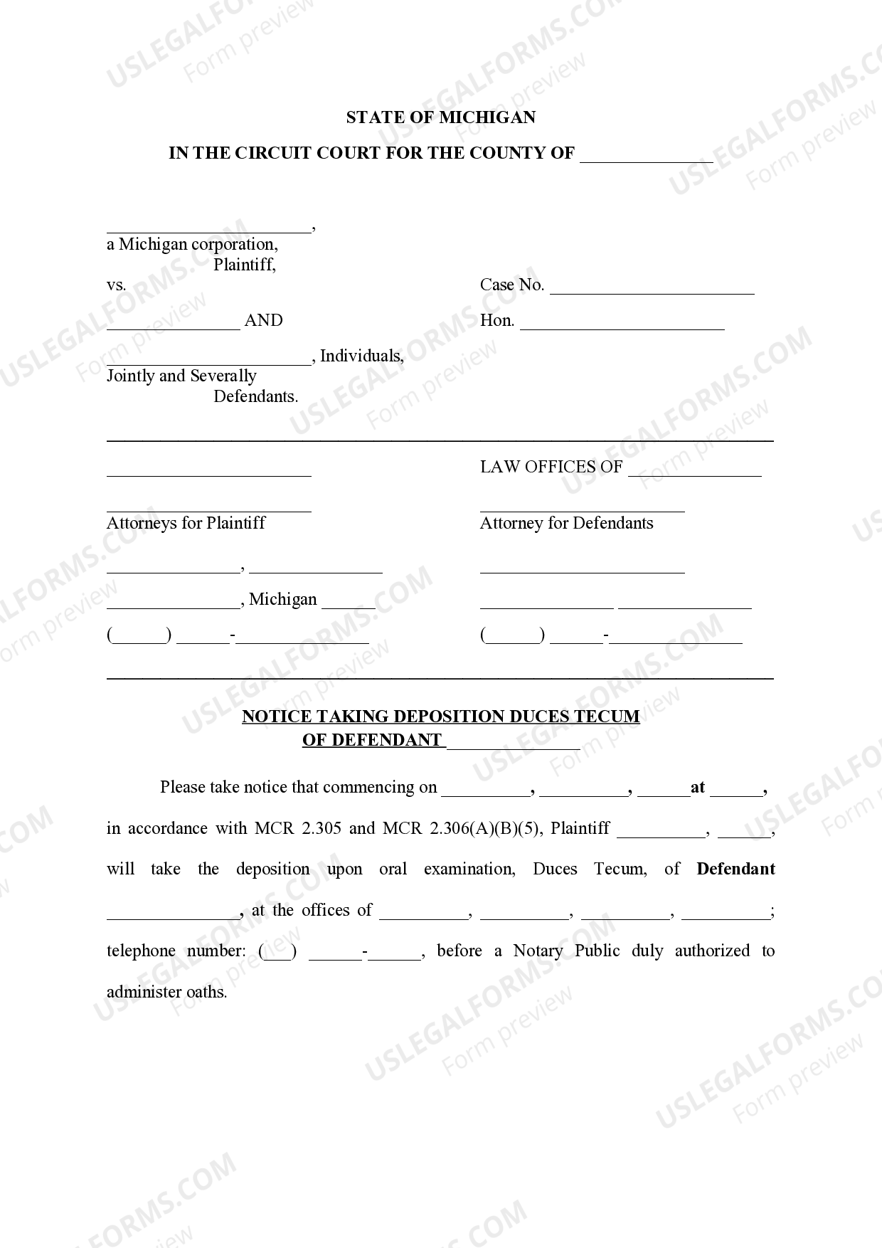 Michigan Notice Taking Deposition Duces Tecum of Defendant - Michigan ...