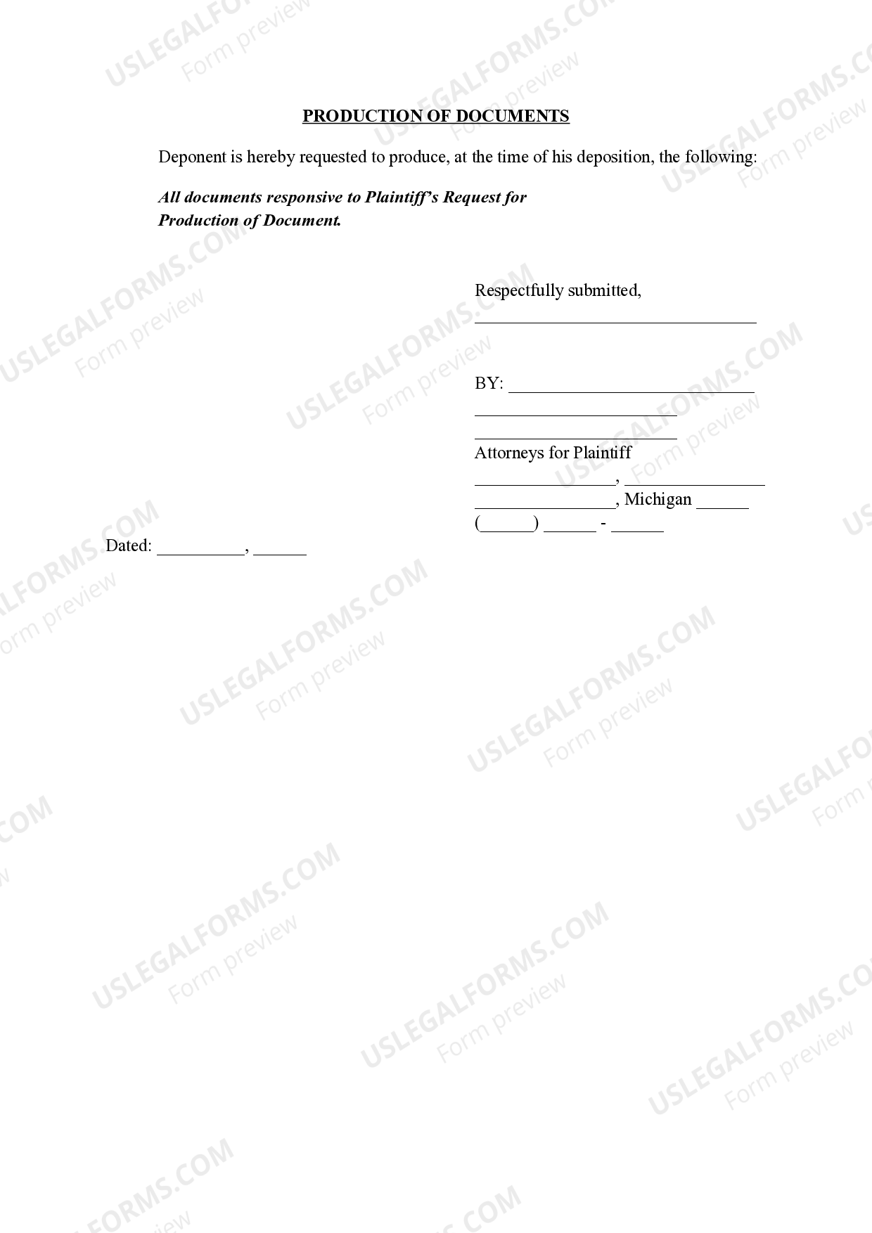 Michigan Notice Taking Deposition Duces Tecum of Defendant - Michigan ...