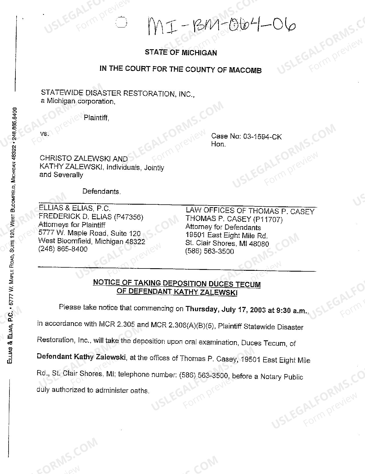 Notice Of Deposition With Subpoena Duces Tecum | US Legal Forms