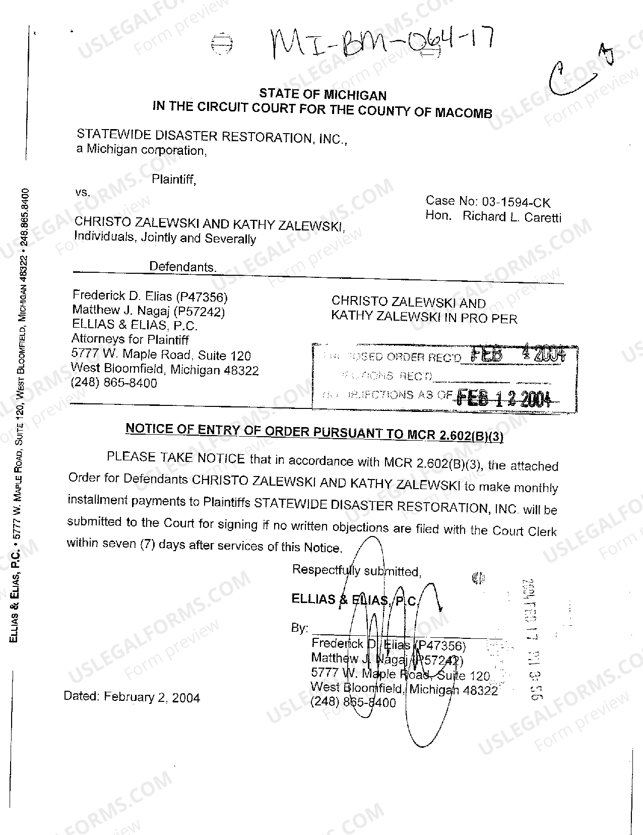 Michigan Notice of Entry of Order Pursuant to MCR 2 - Mcr 2 602 | US ...