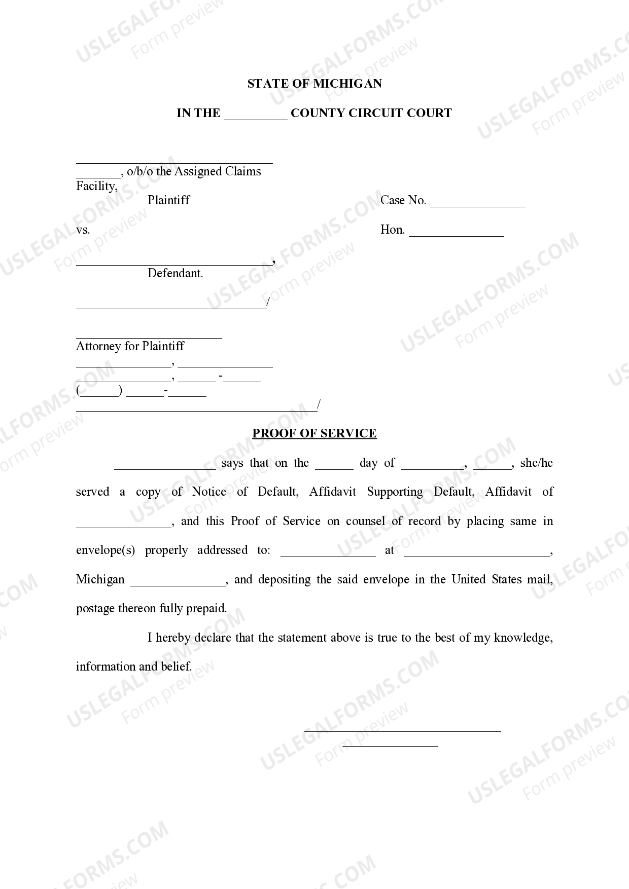 Michigan Proof of Service – Notice of Default - Notice Default Form ...