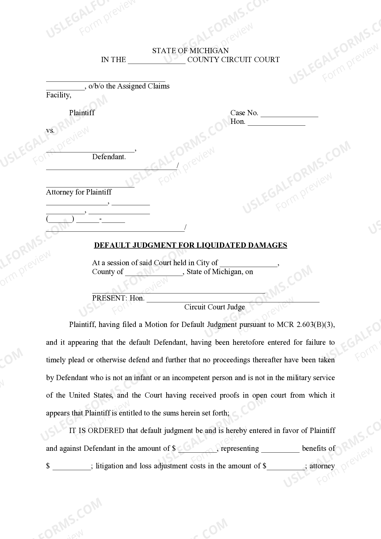 Michigan Default Judgment for Liquidated Damages | US Legal Forms