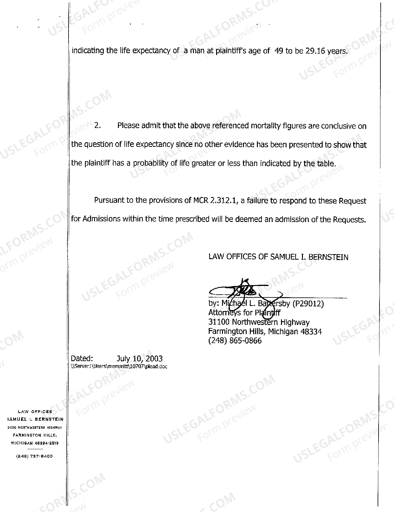 Michigan Request for Admissions to Defendants - Request For Admissions ...