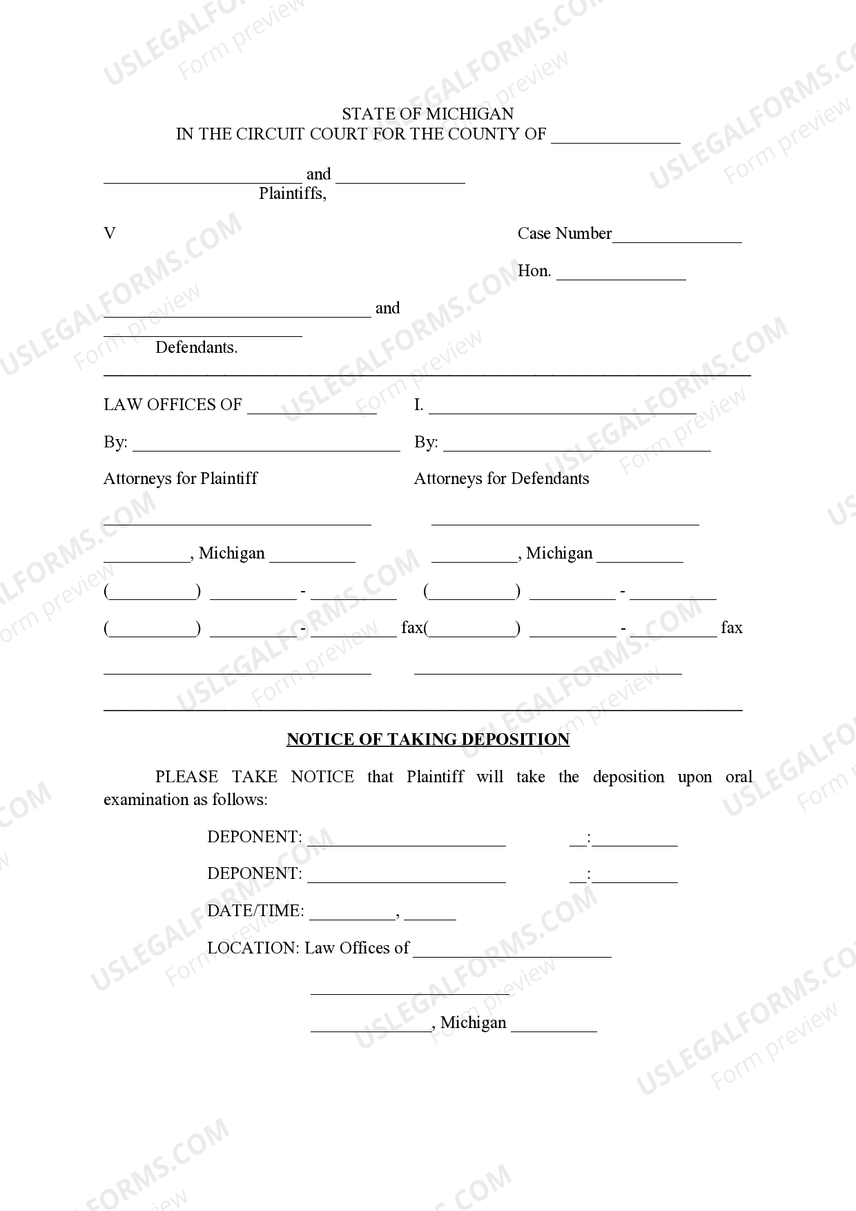 Michigan Notice of Taking Deposition | US Legal Forms